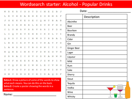 Alcohol PSHE Popular Types Drinks Keyword Starters Wordsearch Crossword ...
