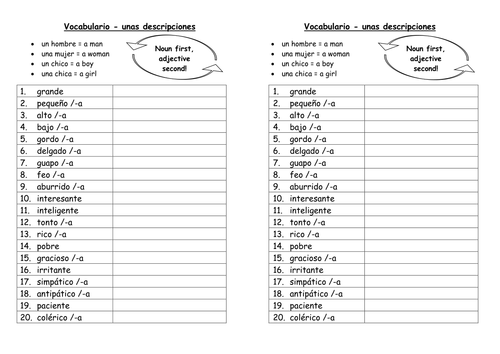 Spanish physical descriptions lesson | Teaching Resources