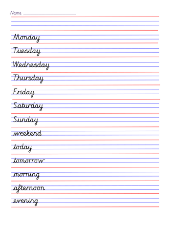 Cursive handwriting sheets for days of the week, months, seasons ...