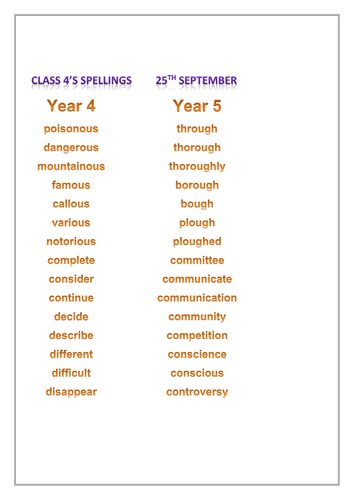 Homework Spelling lists and activities for mixed Year 4 / 5 class ...