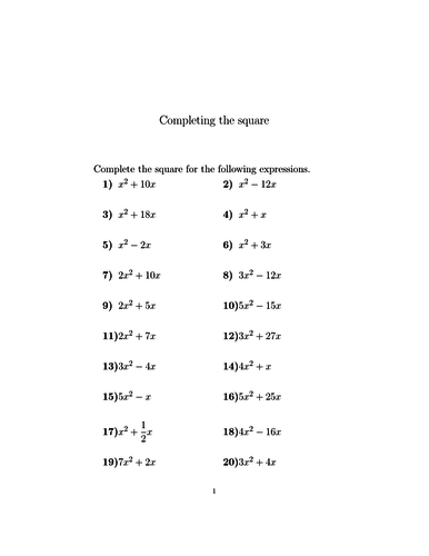 Completing the square worksheet (with detailed solutions) | Teaching ...