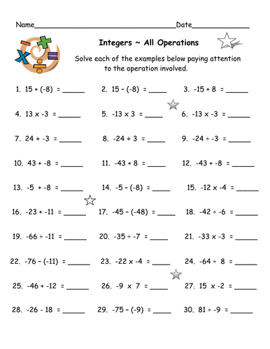 Integers All Operations (Pos & Neg Numbers) | Teaching Resources