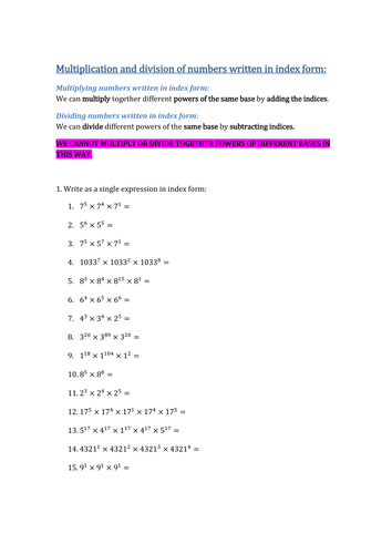 Multiplication and division of numbers written in index form. Includes ...