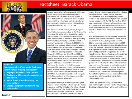 Barack Obama Factsheet Keyword Starter Settler Activity Cover Lesson ...