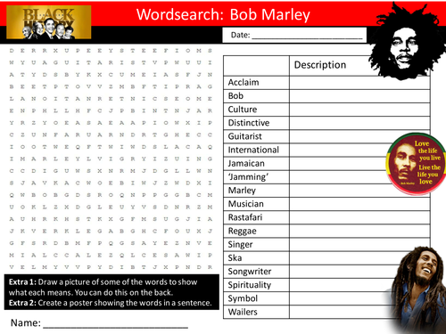 Bob Marley Wordsearch Keyword Starter Settler Activity Cover Lesson ...