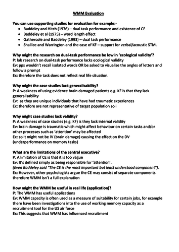 Evaluation Working Memory Model Wmm Psychology Teaching Resources
