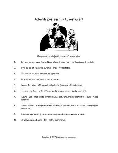 GCSE FRENCH: French possessive adjectives worksheet - Au restaurant ...
