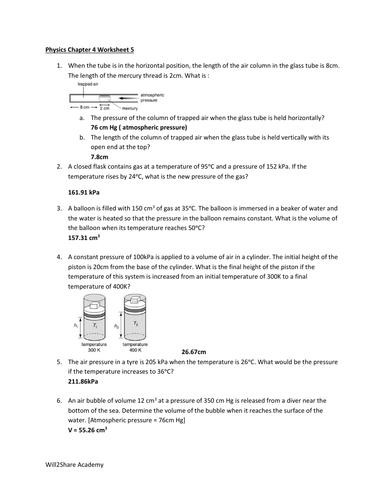 Gas Law, Pressure Law, Charles Law and Boyle's Law Worksheets & Answers ...