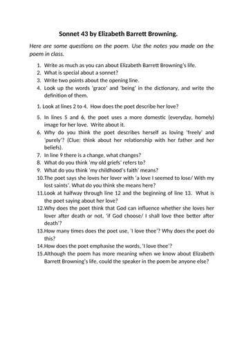 Questions on Sonnet 43 by Elizabeth Barrett-Browning. | Teaching Resources