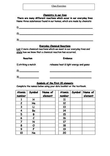 Intro to chemistry class exercise | Teaching Resources