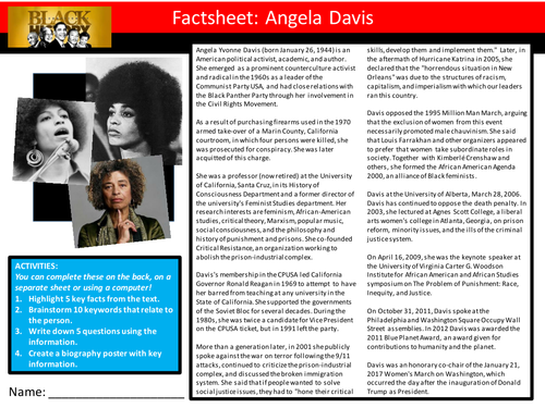 Angela Davis Factsheet Keyword Starter Settler Activity Cover Lesson ...