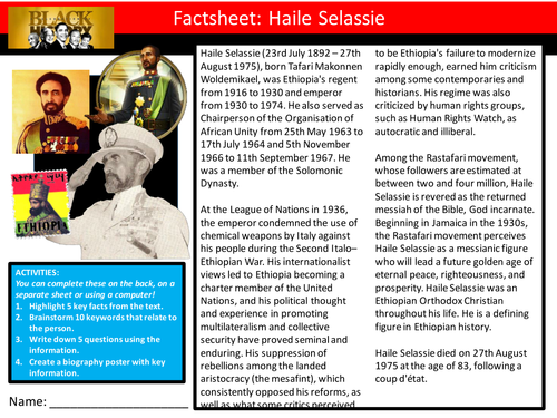 Haile Selassie Factsheet Worksheet Keyword Starter Settler Activity ...