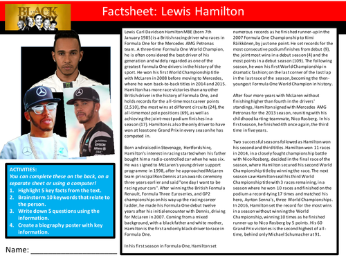 Lewis Hamilton Factsheet Worksheet Keyword Starter Settler Activity ...