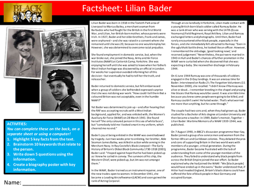 Lilian Bader Factsheet Worksheet Keyword Starter Settler Activity Cover ...