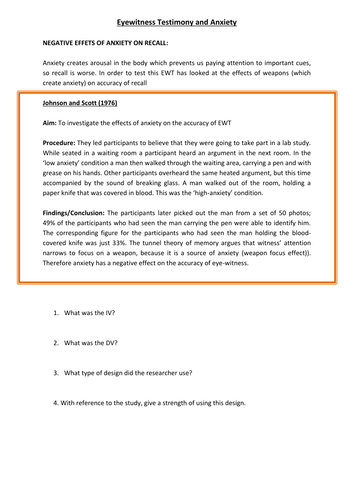 Anxiety and Eyewitness Testimony (Psychology) | Teaching Resources