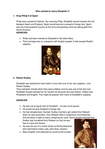 The Tudors - KS3 - Lesson 11 - Who should Elizabeth I marry? | Teaching ...