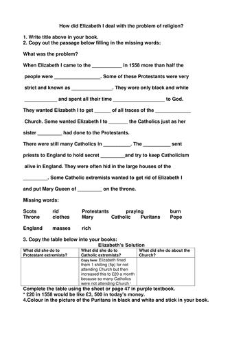 The Tudors - KS3- Lesson 12 - Elizabeth I and Religion | Teaching Resources