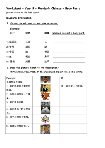 Worksheet with reading and writing exercises for body parts - Mandarin ...