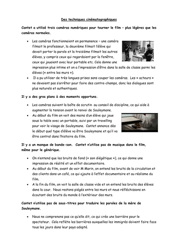 Entre les Murs - handout on techniques used in the film | Teaching ...