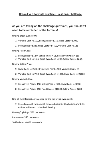 Break-Even Formula Practice Questions - Differentiated for Ability ...