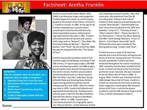 Aretha Franklin Factsheet Worksheet Keyword Starter Settler Activity ...