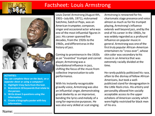 Louis Armstrong Factsheet Worksheet Keyword Starter Settler Cover ...