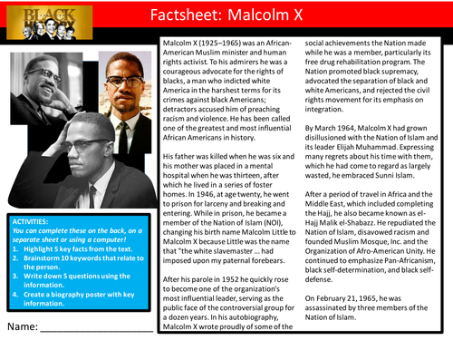 Malcolm X Factsheet Worksheet Keyword Starter Settler Activity Cover ...
