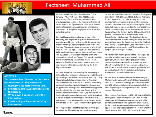 Muhammad Ali Factsheet Worksheet Keyword Starter Settler Cover Lesson ...