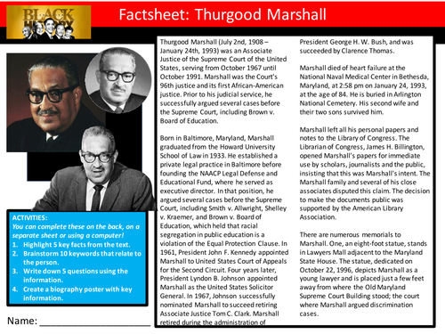 Thurgood Marshall Factsheet Worksheet Keyword Starter Settler Cover ...