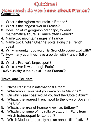 French general knowledge quiz | Teaching Resources