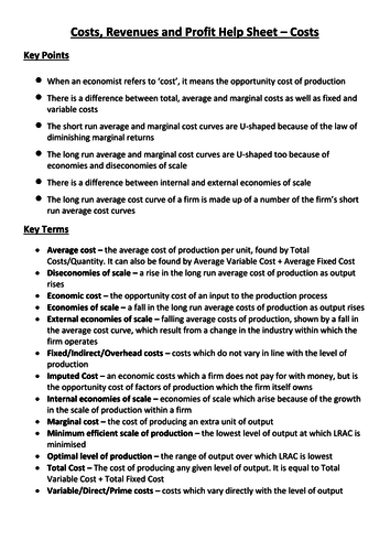 Costs, Production and Profit - A Level Economics | Teaching Resources