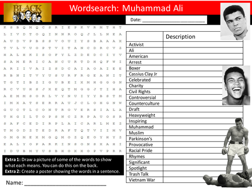 Muhammad Ali Wordsearch Keyword Starter Settler Activity Cover Lesson ...