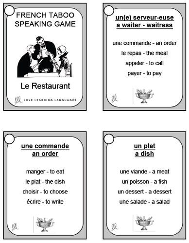 GCSE FRENCH: Le Restaurant - French Taboo Speaking Game - Restaurant ...