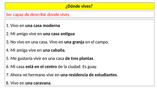 Spanish GCSE Describe where you live: dónde vives reading, vocabulary ...