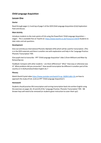 OCR A-level English Language Child Language Acquisition introductory ...