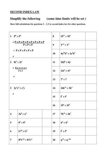 First & Second Index Laws Worksheets | Teaching Resources