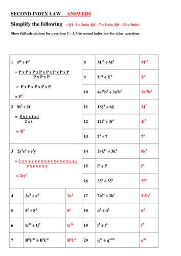 First & Second Index Laws Worksheets | Teaching Resources