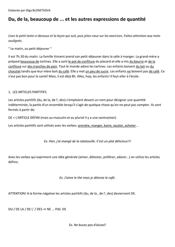 Du, de la, beaucoup de ... et les autres expressions de quantité ...
