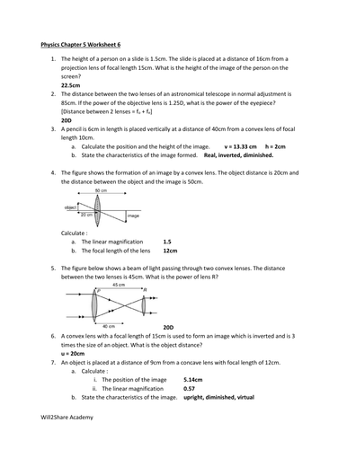 Optical Instrument Worksheets and answers (Astronomical Telescope ...