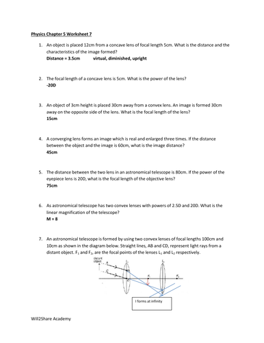 Optical Instrument Worksheets and answers (Astronomical Telescope ...