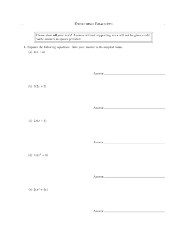 Expanding Brackets Worksheet | Teaching Resources
