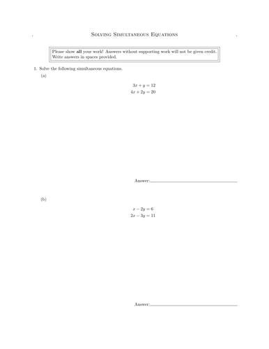 Simultaneous Equations Worksheet | Teaching Resources