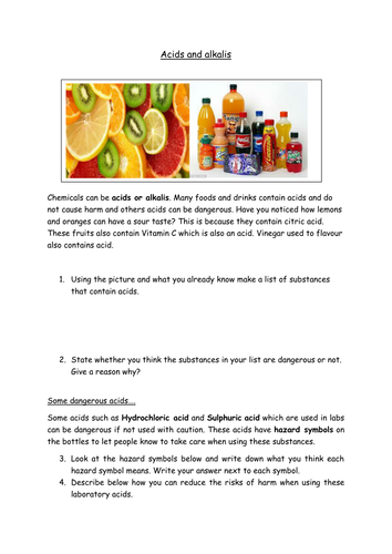 Acids and alkalis introduction worksheet | Teaching Resources