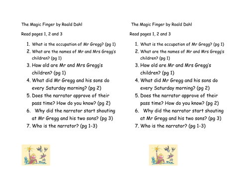 Reading tasks-The Magic Finger by Roald Dahl | Teaching Resources
