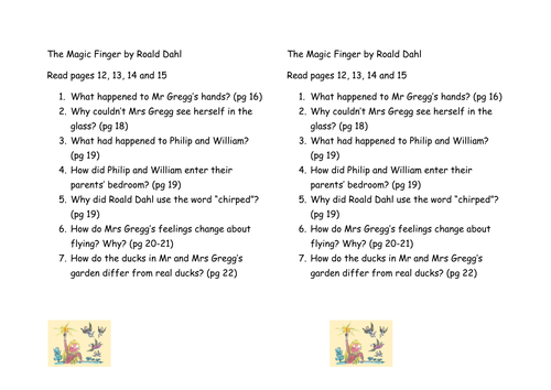 Reading tasks-The Magic Finger by Roald Dahl | Teaching Resources