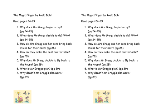 Reading tasks-The Magic Finger by Roald Dahl | Teaching Resources