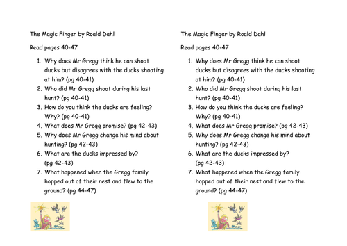 Reading tasks-The Magic Finger by Roald Dahl | Teaching Resources
