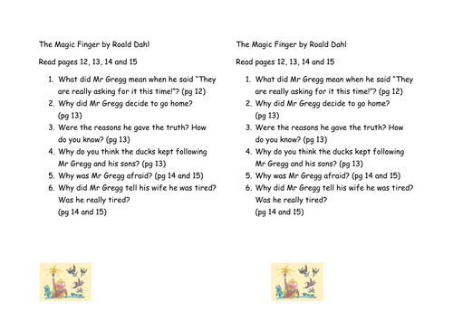 Reading tasks-The Magic Finger by Roald Dahl | Teaching Resources