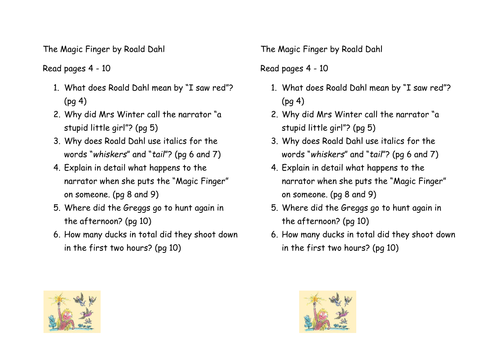 Reading tasks-The Magic Finger by Roald Dahl | Teaching Resources