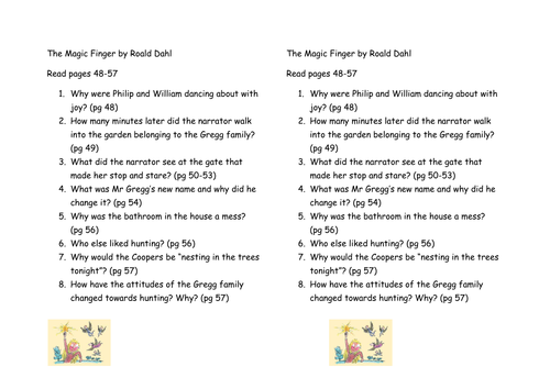 Reading tasks-The Magic Finger by Roald Dahl | Teaching Resources